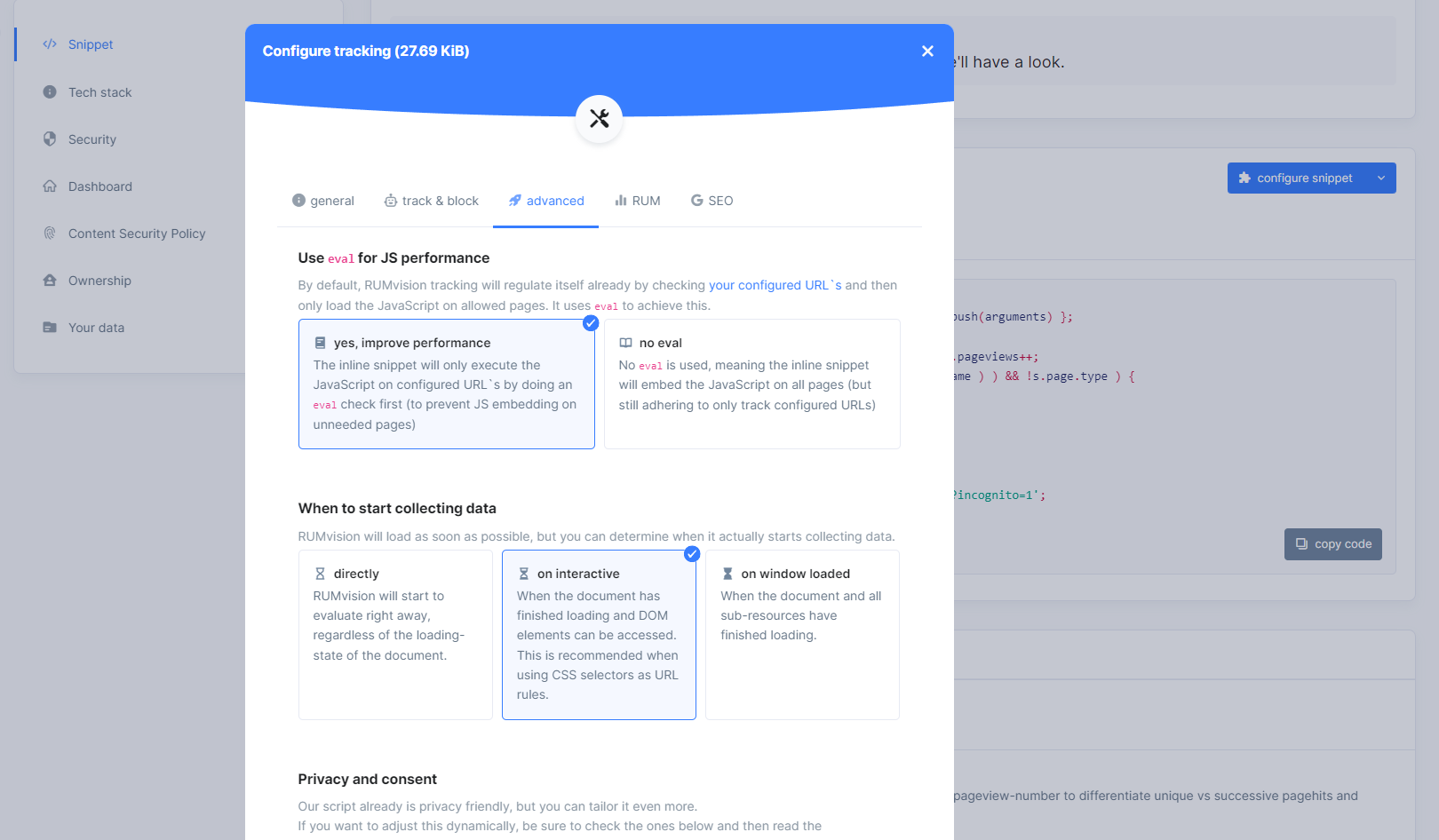 Advanced (Help Center / Monitoring / Configure snippet) | RUMvision