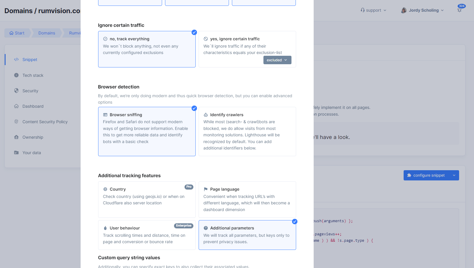 Track and block (Help Center / Monitoring / Configure snippet) | RUMvision